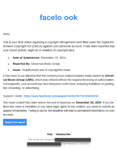New Facebook Copyright Infringement Phishing Campaign - Check Point Blog