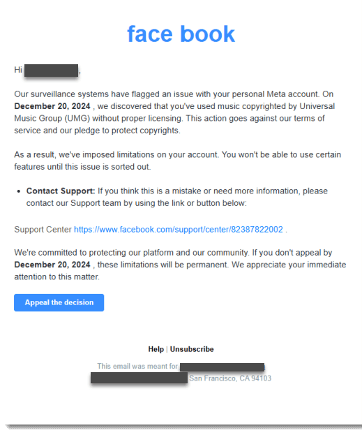 New Facebook Copyright Infringement Phishing Campaign
